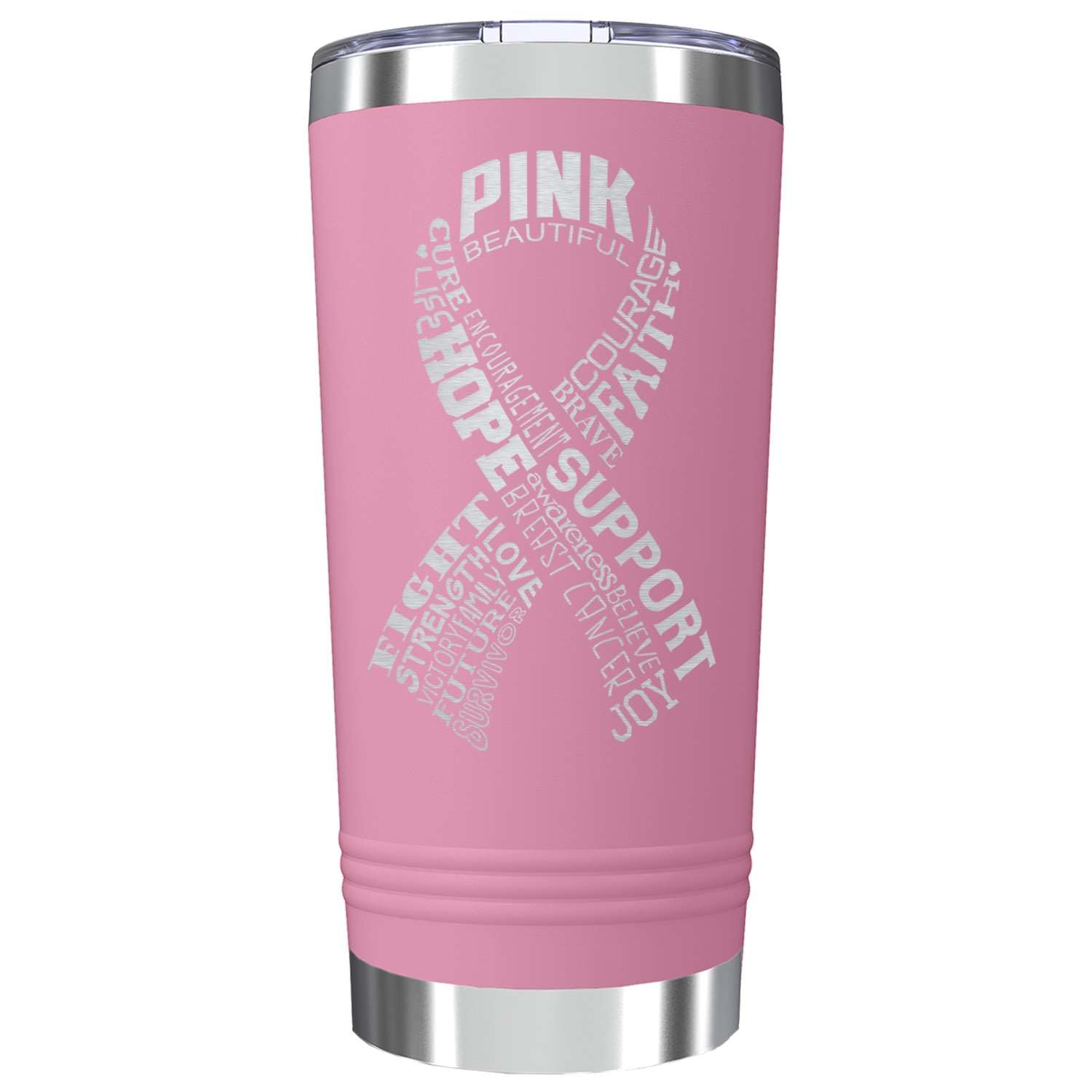 shop4ever Breast Cancer Awareness Ribbon Word Montage Insulated Tumblers 20 oz. with Lid, Stainless Steel Cups Travel Coffee Mug (Light Pink)