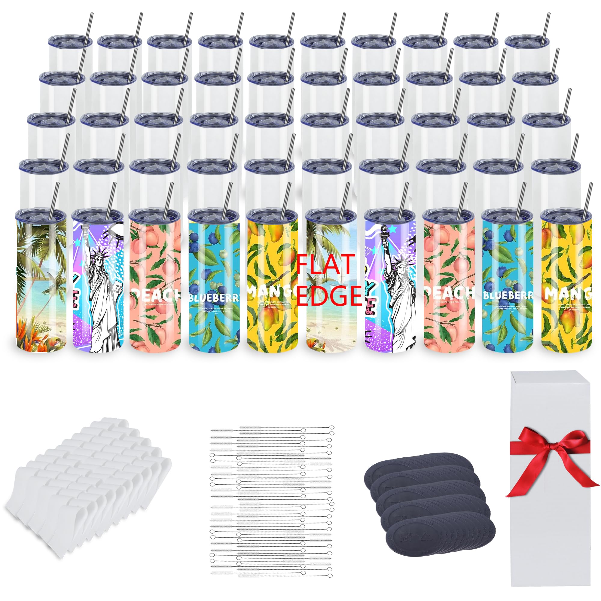 SAPVRIT 50 Pack 20oz Sublimation Tumblers Bulk With Flat Edge, 20OZ Flat Sublimation Tumbler Blank, Skinny Straight Stainless Steel Blanks Cups with Individual Box (50 PACK 20OZ FLAT EDGE)