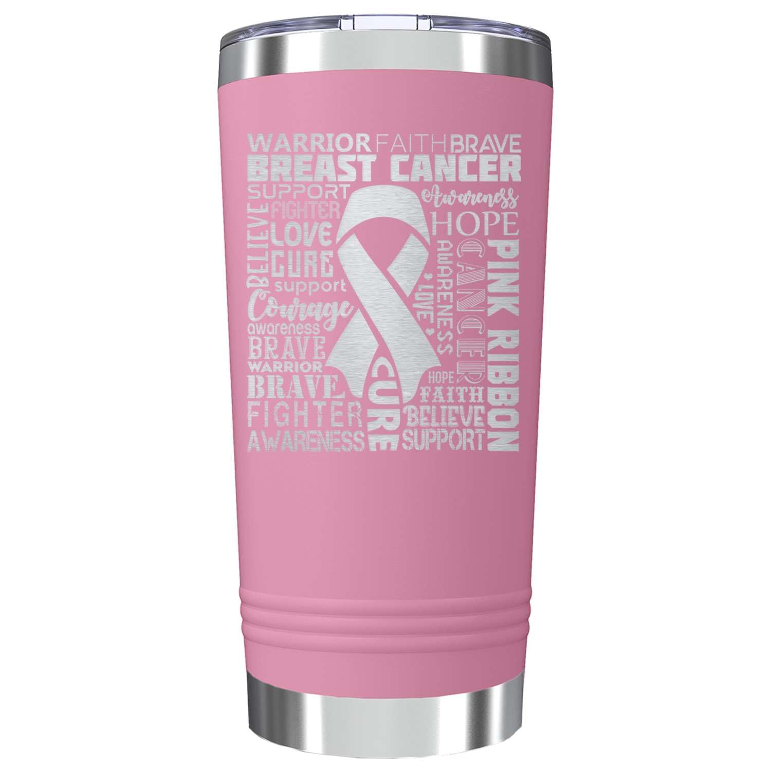 shop4ever Breast Cancer Awareness Ribbon Word Cloud Insulated Tumblers 20 oz. with Lid, Stainless Steel Cups Travel Coffee Mug (Light Pink)