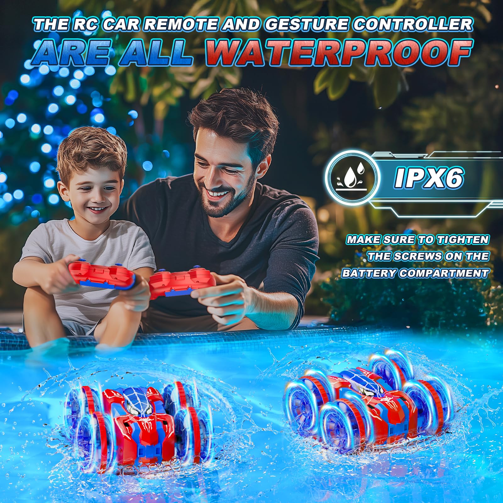 fygurso Waterproof Remote Control Car,4WD Amphibious 2.4 GHz RC Car Remote Control Boat,360°Rotation RC Stunt with LED Lights,Boys Girls Gifts All Terrain Water Beach Pool Toy