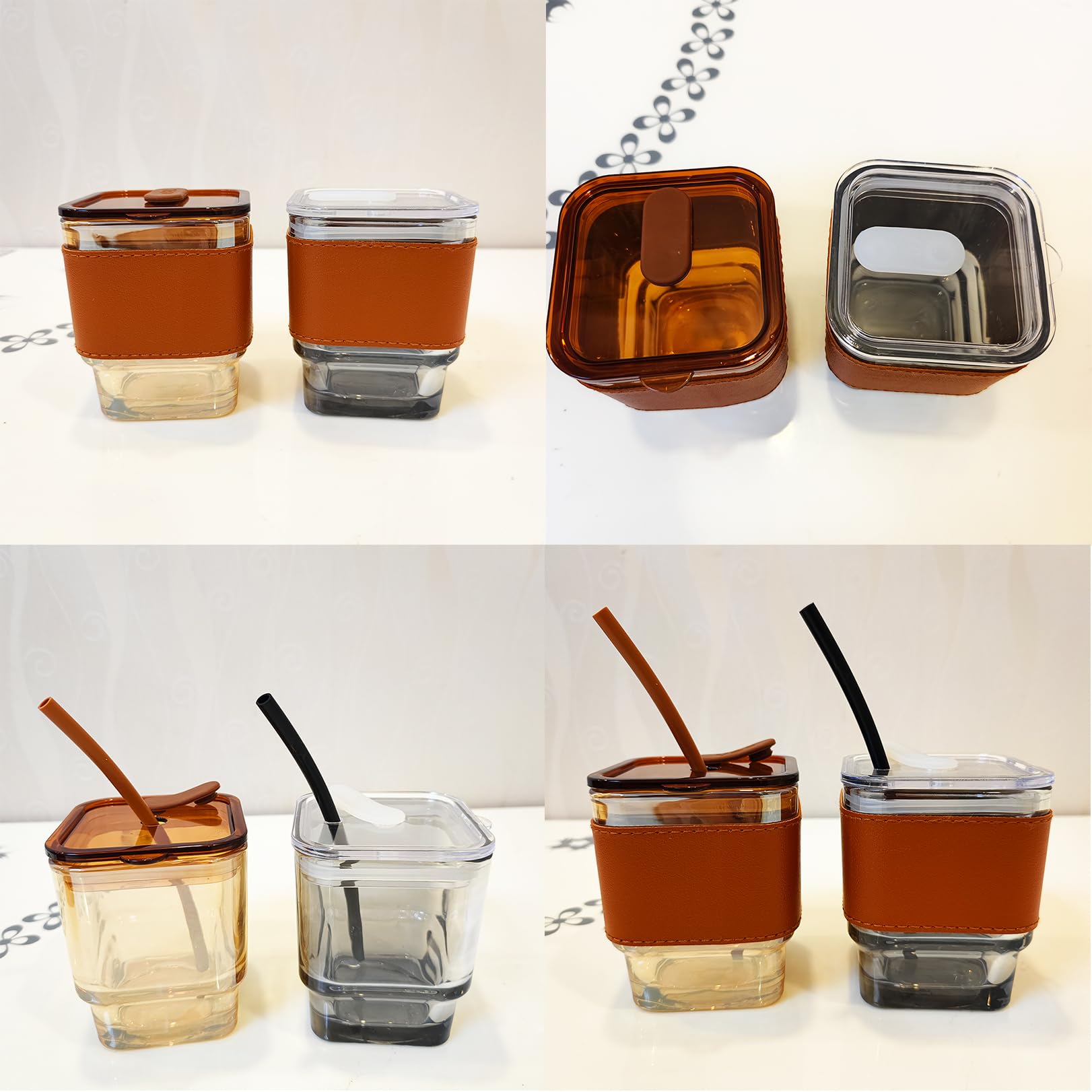 YULUDZSW Thick Wall Insulated Glass Cups With Lids Leather Case And Straws, Coffee Cup, Iced Tea Cup, For Beer, Cocktail, Coffee,Milk, Fruit And Vegetable Drinks, Etc.(Amber/16 oz)