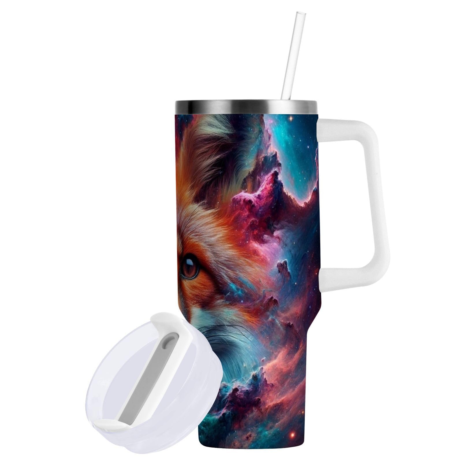 ALAZA Fox Head Galaxy 40 oz Tumbler Stainless Steel Water Bottle Vacuum Insulated Cup with Straw Lid & Handle For Travel Car Cup Holder