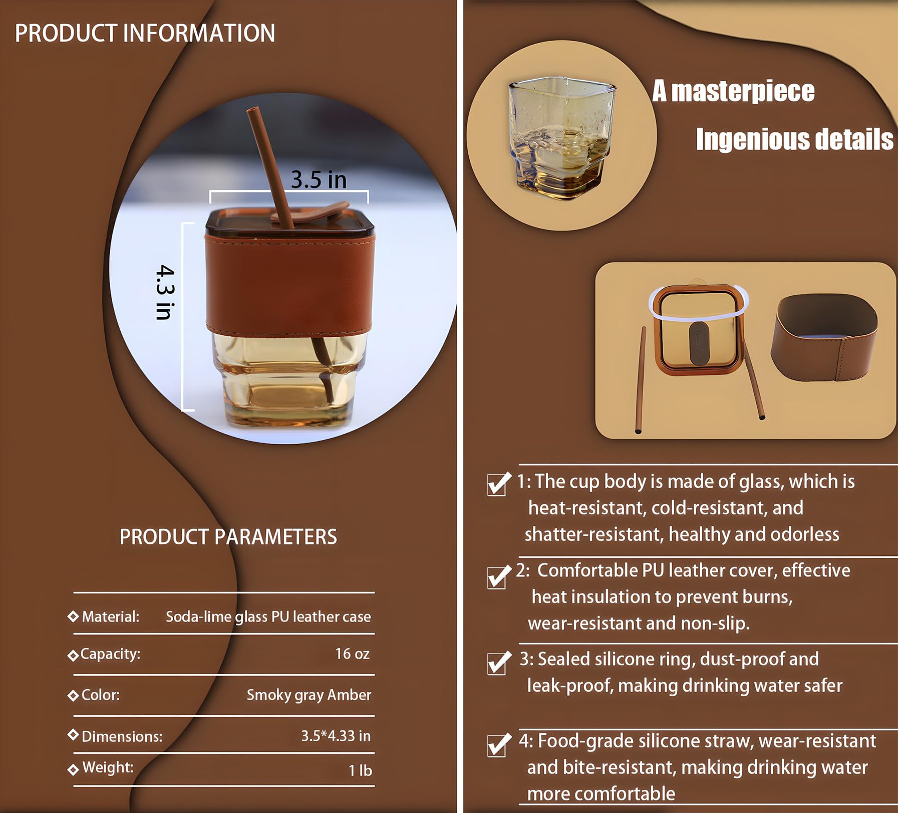 YULUDZSW Thick Wall Insulated Glass Cups With Lids Leather Case And Straws, Coffee Cup, Iced Tea Cup, For Beer, Cocktail, Coffee,Milk, Fruit And Vegetable Drinks, Etc.(Amber/16 oz)