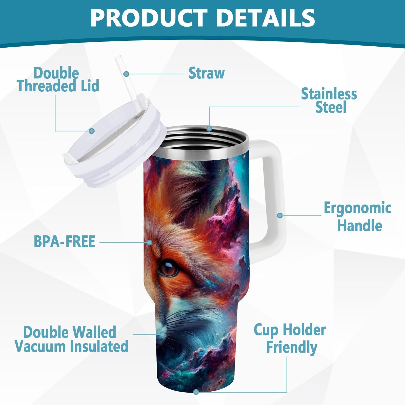 ALAZA Fox Head Galaxy 40 oz Tumbler Stainless Steel Water Bottle Vacuum Insulated Cup with Straw Lid & Handle For Travel Car Cup Holder