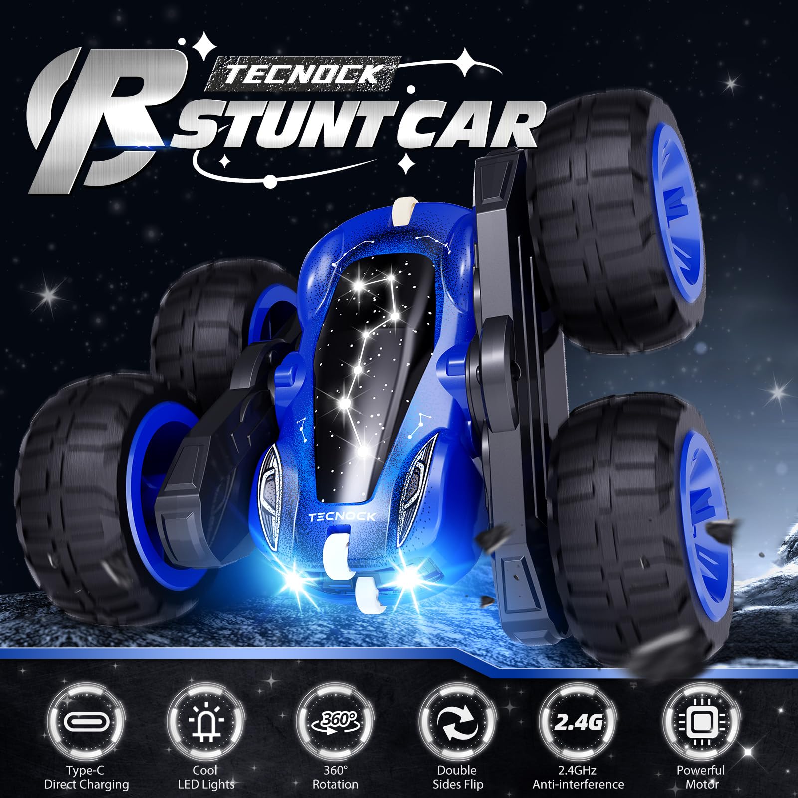 Tecnock Remote Control Car, 2.4GHz RC Cars with USB-C Easy Charging, 4WD Double Sided 360° Rotates and Flips RC Stunt Car, Toys Gift for Boys and Girls