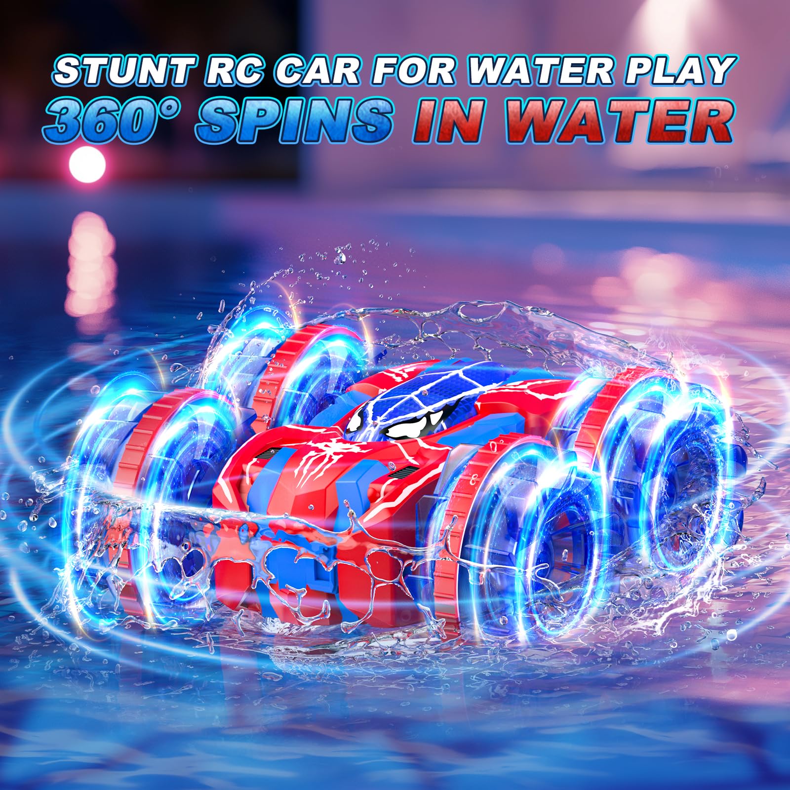 fygurso Waterproof Remote Control Car,4WD Amphibious 2.4 GHz RC Car Remote Control Boat,360°Rotation RC Stunt with LED Lights,Boys Girls Gifts All Terrain Water Beach Pool Toy