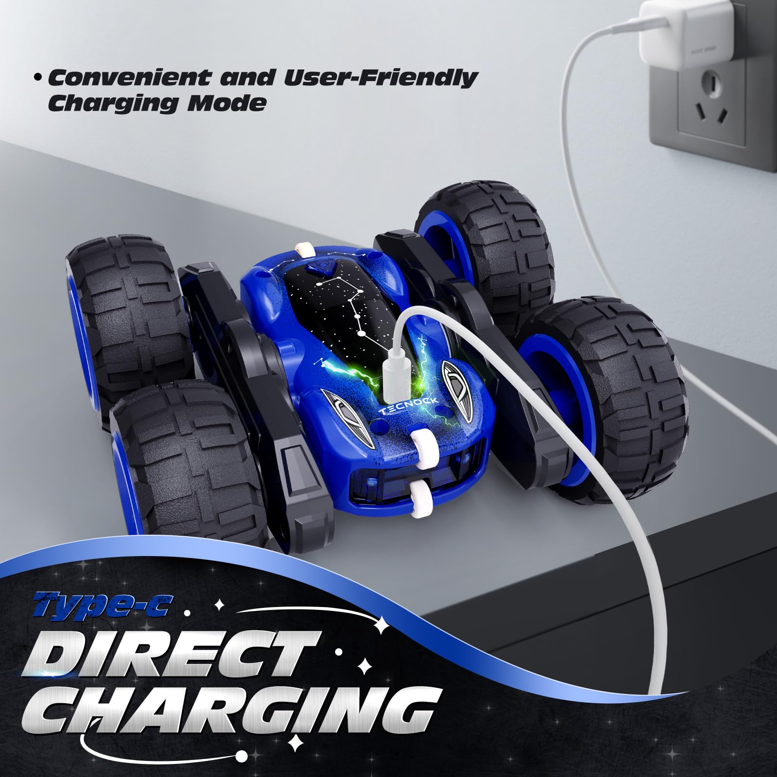 Tecnock Remote Control Car, 2.4GHz RC Cars with USB-C Easy Charging, 4WD Double Sided 360° Rotates and Flips RC Stunt Car, Toys Gift for Boys and Girls