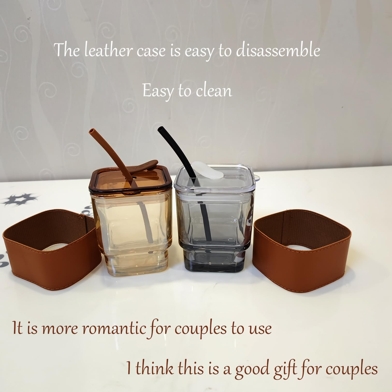 YULUDZSW Thick Wall Insulated Glass Cups With Lids Leather Case And Straws, Coffee Cup, Iced Tea Cup, For Beer, Cocktail, Coffee,Milk, Fruit And Vegetable Drinks, Etc.(Amber/16 oz)