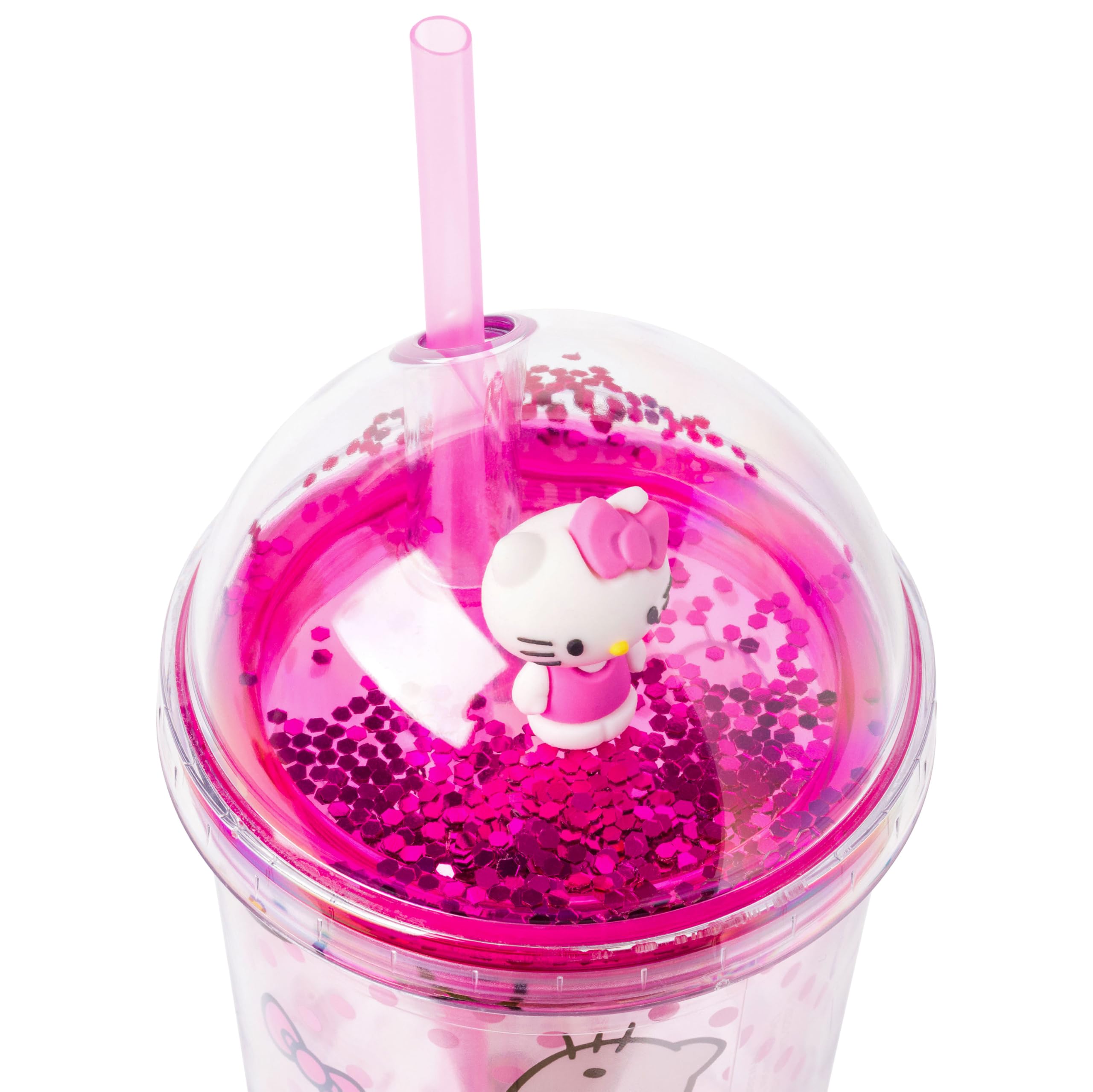 Silver Buffalo Sanrio Hello Kitty Pink Polka Dots and Bows Dome Glitter Top Travel Tumbler, 24 Ounces