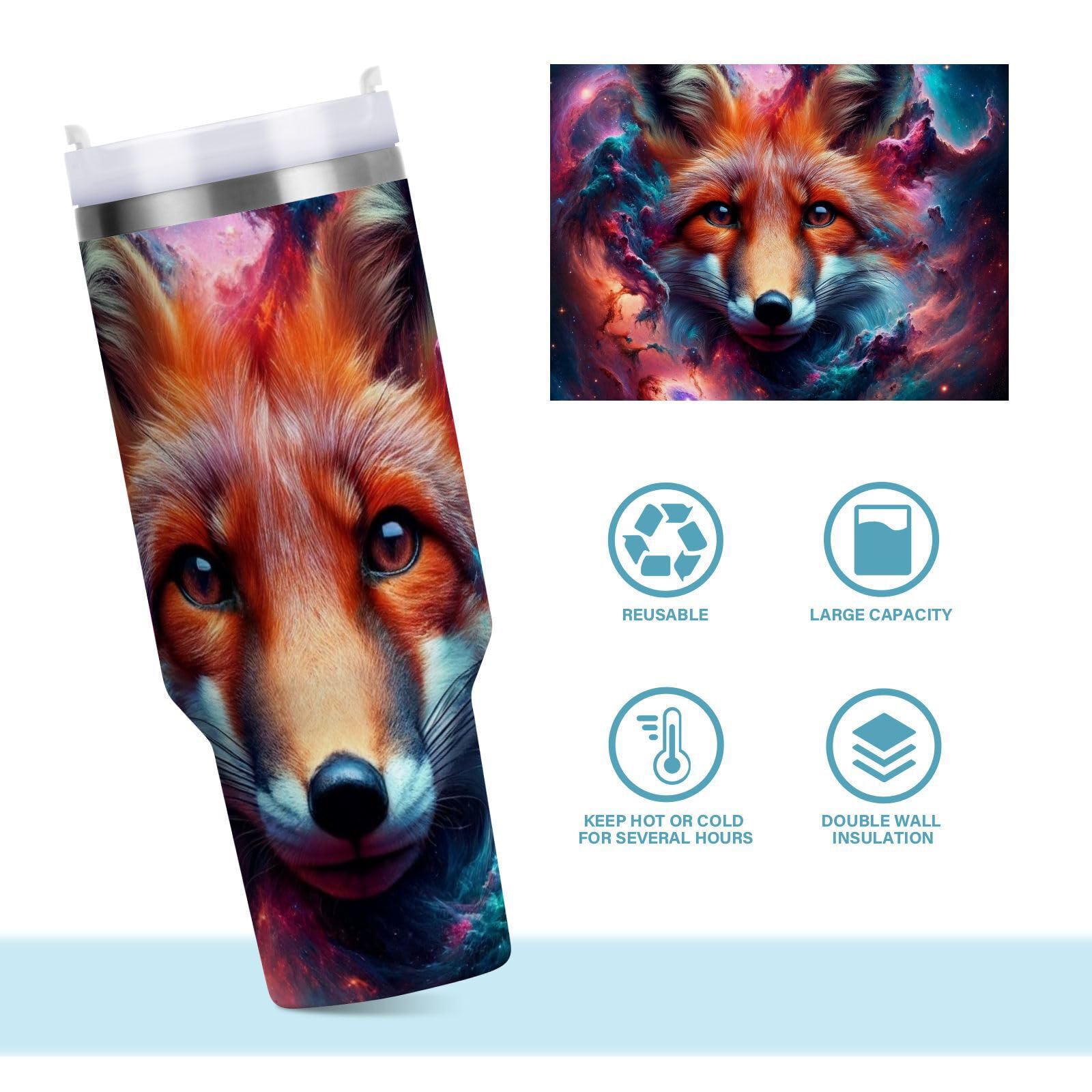 ALAZA Fox Head Galaxy 40 oz Tumbler Stainless Steel Water Bottle Vacuum Insulated Cup with Straw Lid & Handle For Travel Car Cup Holder
