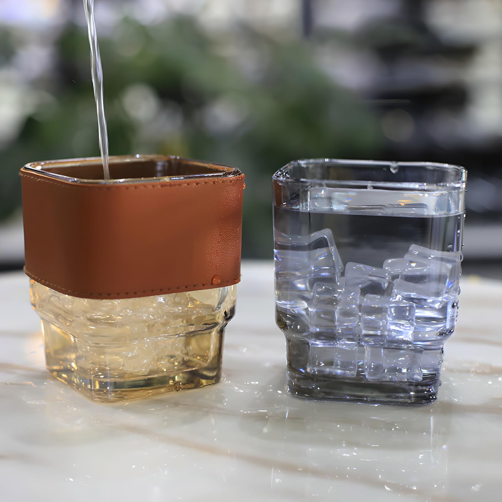 YULUDZSW Thick Wall Insulated Glass Cups With Lids Leather Case And Straws, Coffee Cup, Iced Tea Cup, For Beer, Cocktail, Coffee,Milk, Fruit And Vegetable Drinks, Etc.(Amber/16 oz)