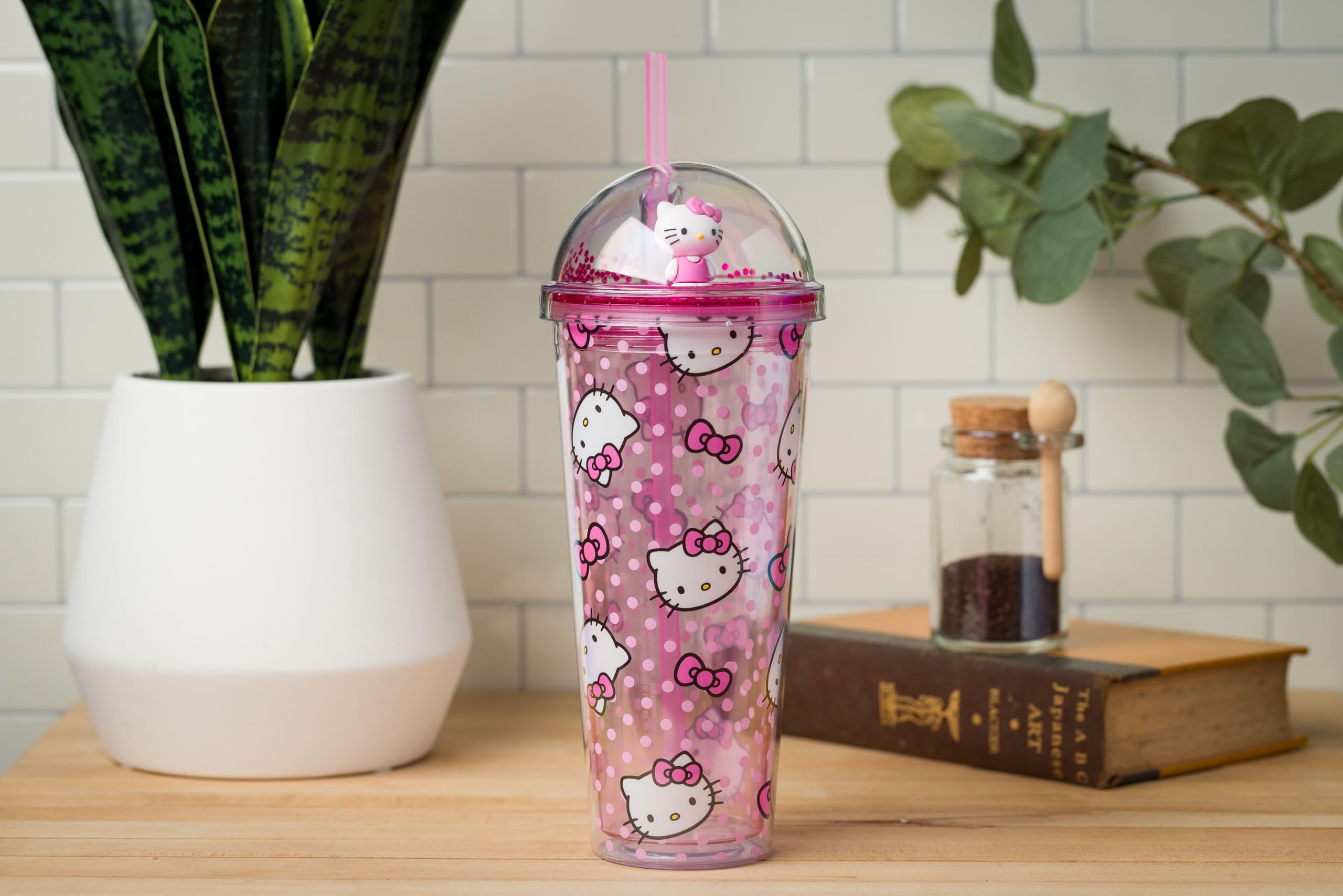 Silver Buffalo Sanrio Hello Kitty Pink Polka Dots and Bows Dome Glitter Top Travel Tumbler, 24 Ounces
