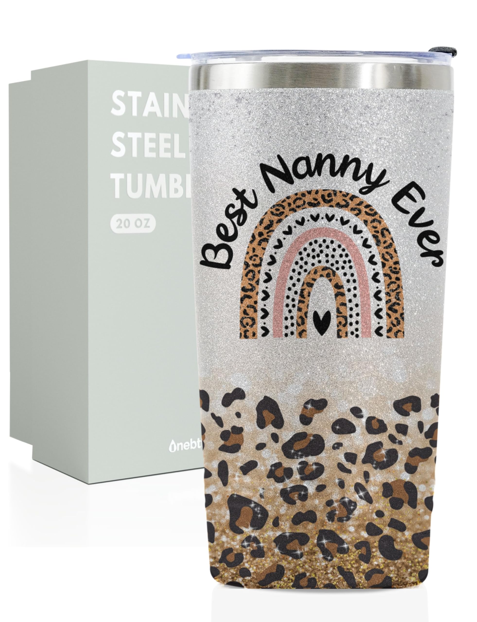 Onebttl Nanny Gifts from Granddaughter, Grandson, Insulated Stainless Steel Wine Tumbler with Lid and Straw, for Grandma on Mother's Day, Birthday, Christmas, Best Nanny Ever, Glitter Silver, 20 oz