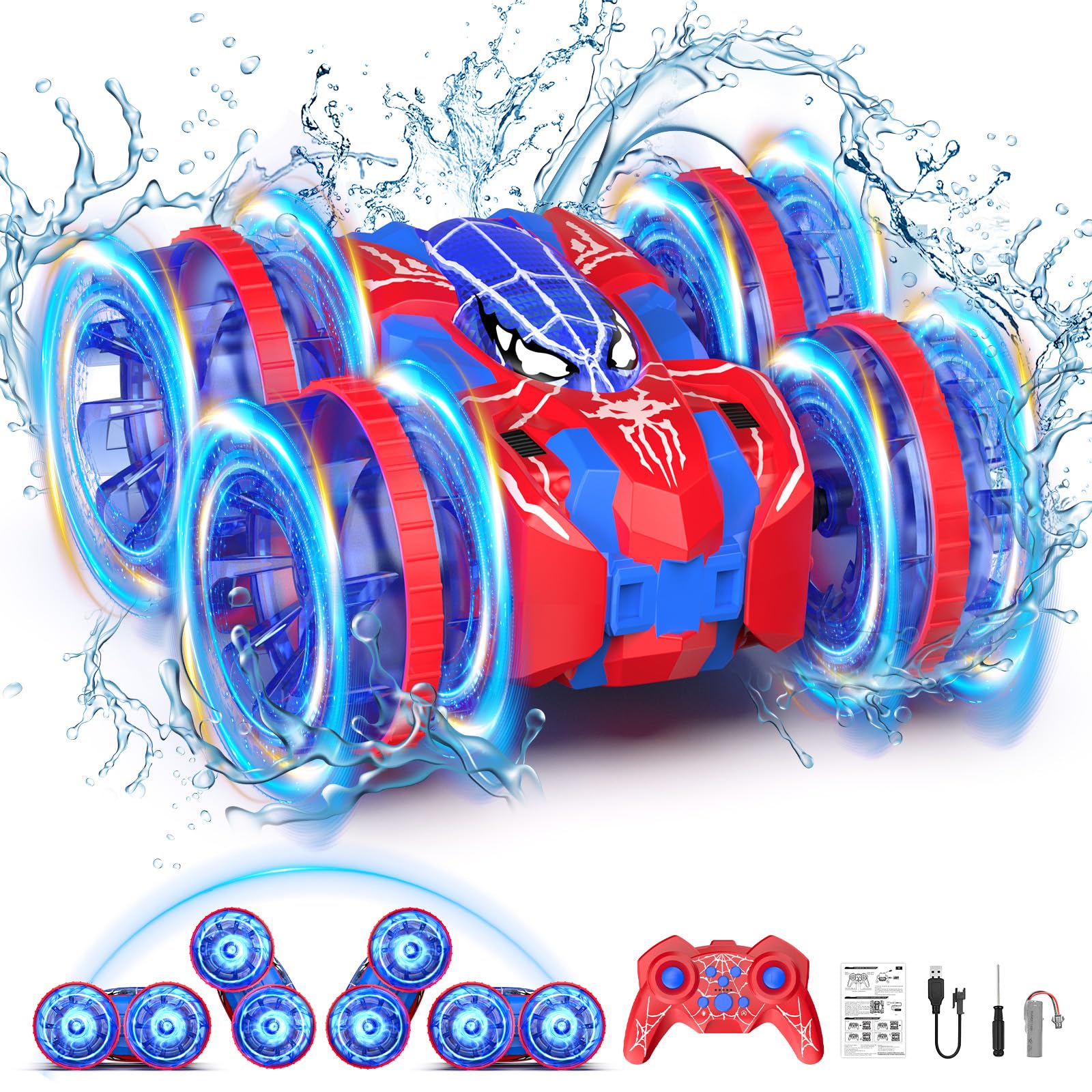 fygurso Waterproof Remote Control Car，4WD Amphibious 2.4 GHz RC Car Remote Control Boat，360°Rotation RC Stunt with LED Lights，Boys Girls Gifts All Terrain Water Beach Pool Toy