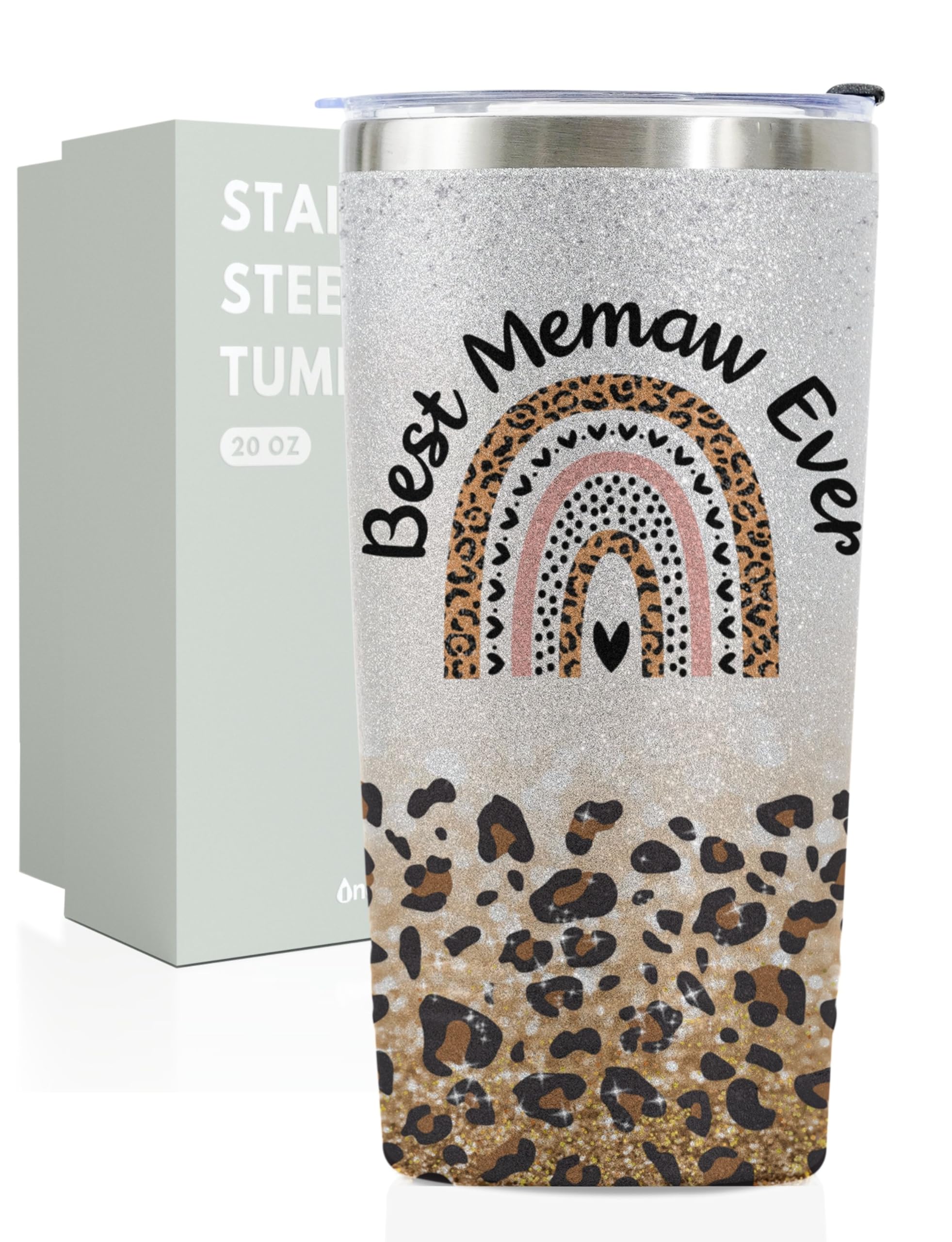 Onebttl Memaw Gifts from Granddaughter, Grandson, Insulated Stainless Steel Wine Tumbler with Lid and Straw, for Grandma on Mother's Day, Birthday, Christmas, Best Memaw Ever, Glitter Silver, 20 oz
