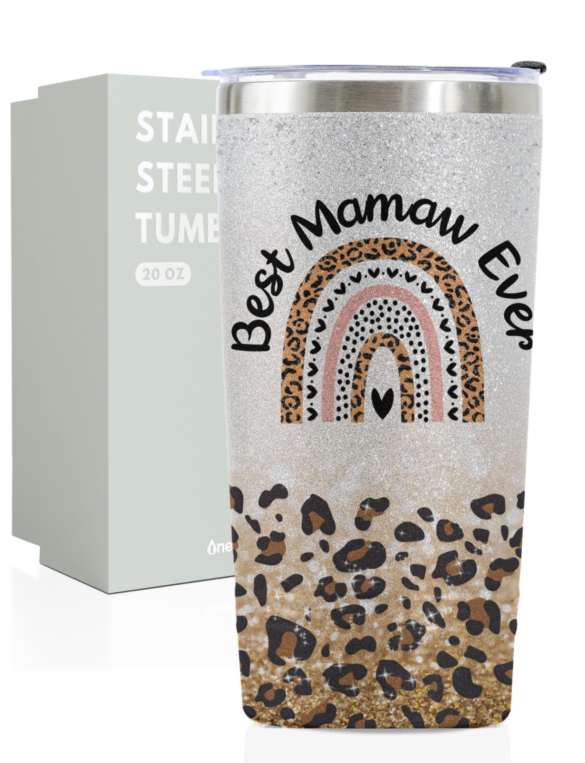 Onebttl Mamaw Gifts from Granddaughter, Grandson, Insulated Stainless Steel Wine Tumbler with Lid and Straw, for Grandma on Mother's Day, Birthday, Christmas, Best Mamaw Ever, Glitter Silver, 20 oz
