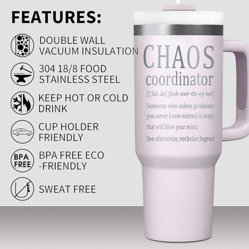 Chaos Coordinator Laser Engraved 40oz Tumbler with Handle - Engraved Gifts for Women - Insulated Cup & Water Bottle