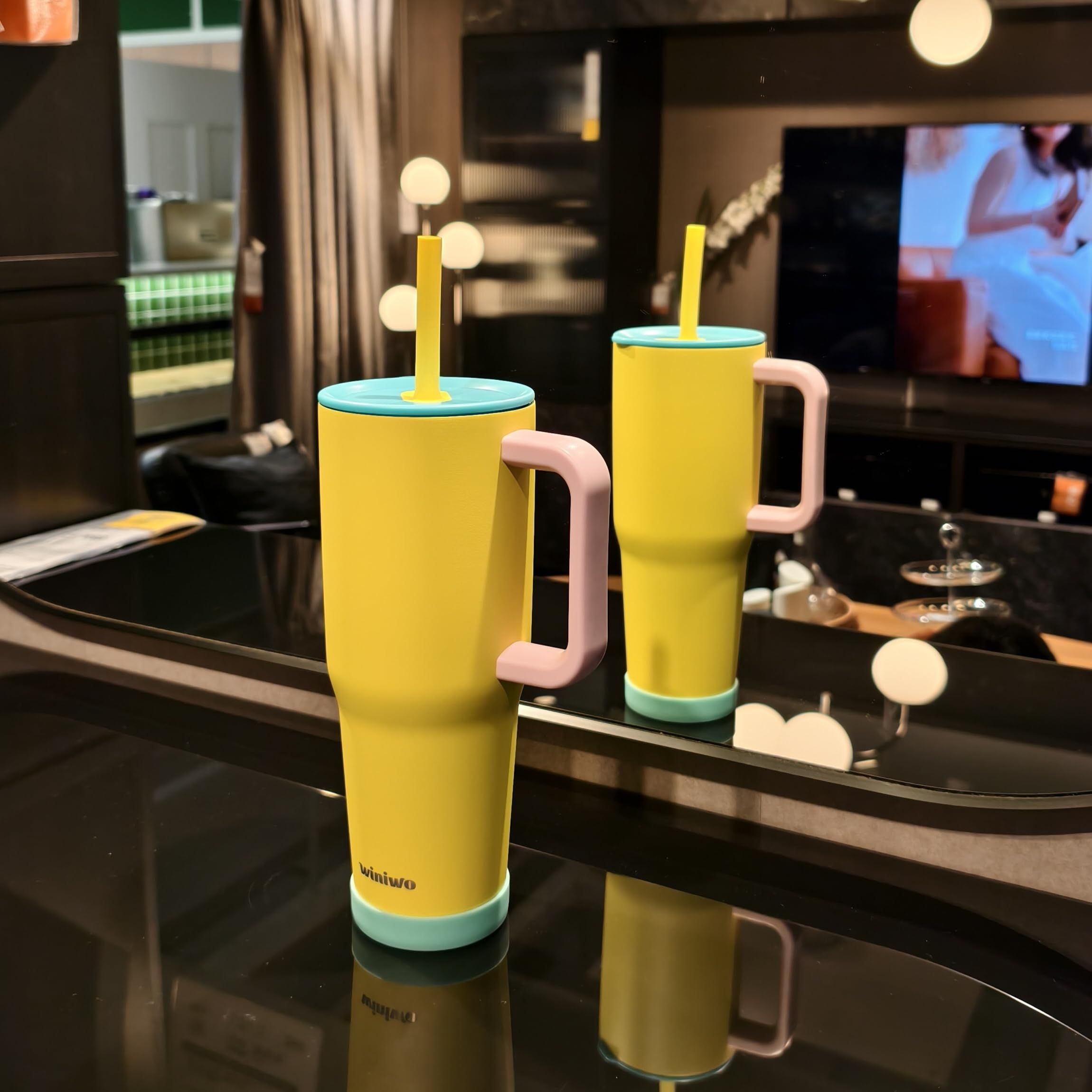 winiwo 40 oz Tumbler with Handle and Straw for Her, Flexible Straw, Insulated Tumbler Cups with Silicone Bottom, Keeps Beverages Cold Up to 24 Hours, Gym/Work/Travel/School/Gift(Lemon Yellow)