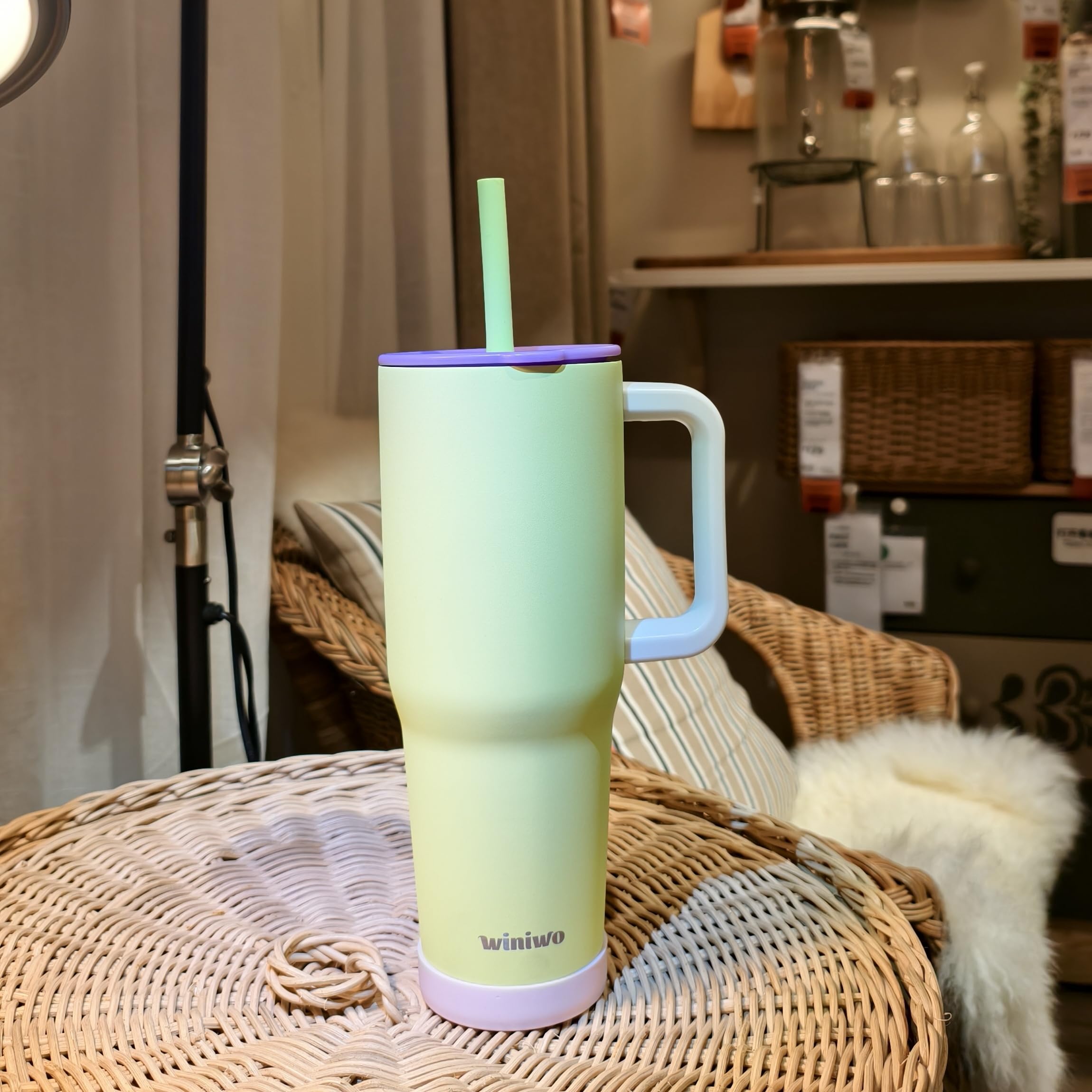 winiwo 40 oz Tumbler with Handle and Straw for Her, Flexible Straw, Insulated Tumbler Cups with Silicone Bottom, Keeps Beverages Cold Up to 24 Hours, Gym/Work/Travel/School/Gift(Bud Green)