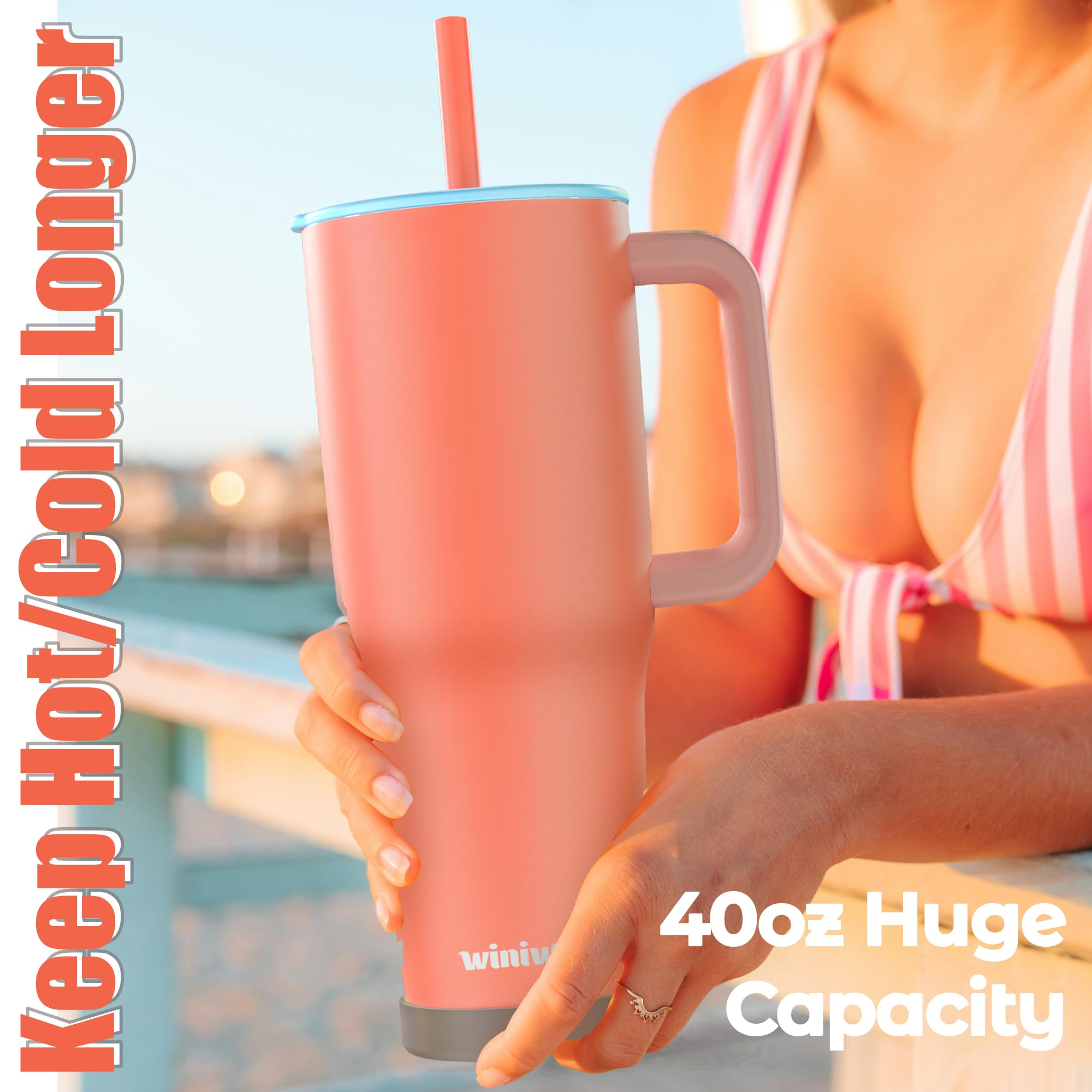 winiwo 40 oz Tumbler with Handle and Straw for Her, Flexible Straw, Insulated Tumbler Cups with Silicone Bottom, Keeps Beverages Cold Up to 24 Hours, Gym/Work/Travel/School/Gift(Christmas Red)