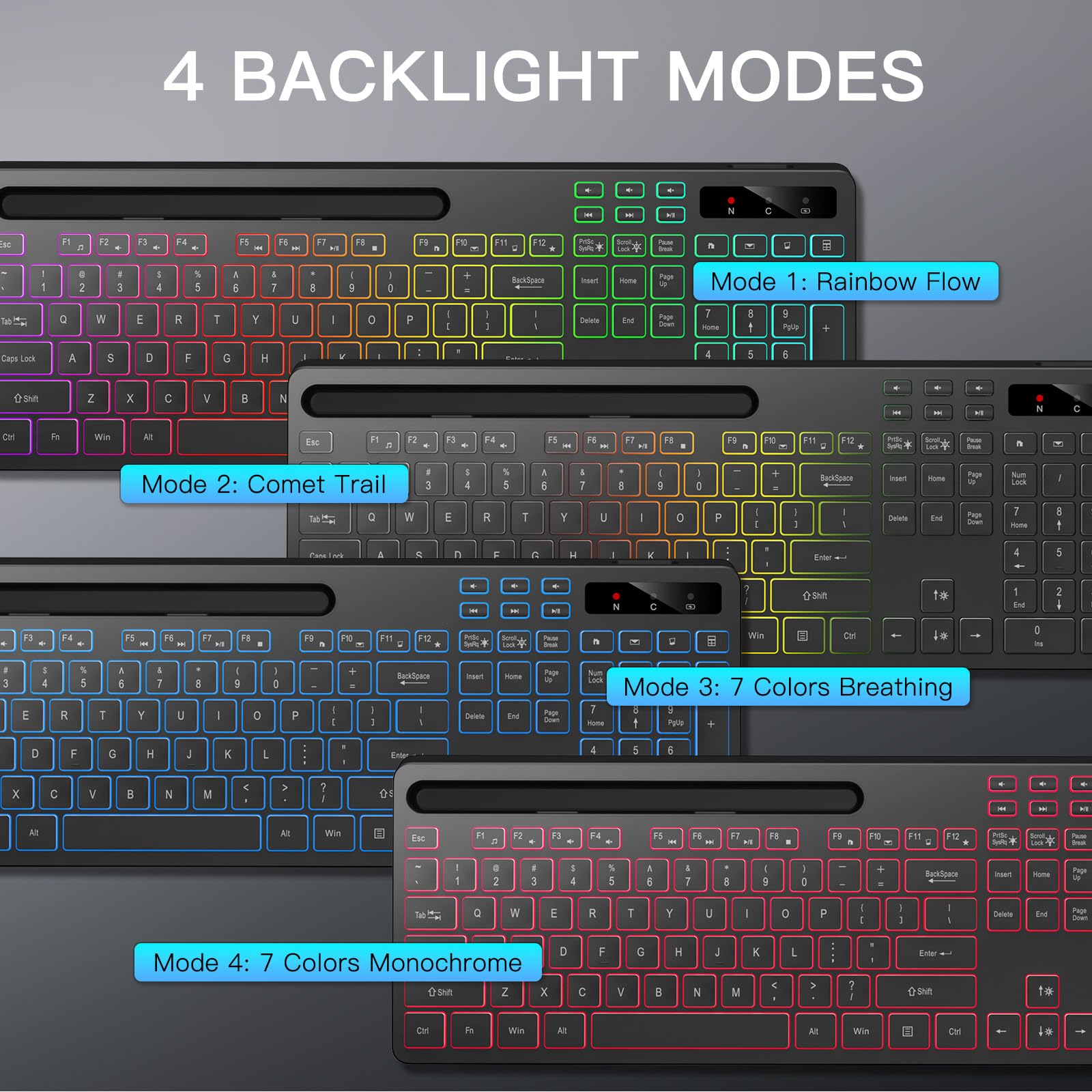 Soueto Wireless Keyboard with 7 Colors & 4 Modes RGB Backlit, Ergonomic Keyboard with Wrist Rest, Phone Tablet Holder, 2.4G Light Up Computer Keyboard with Numeric Keypad for Mac, Windows