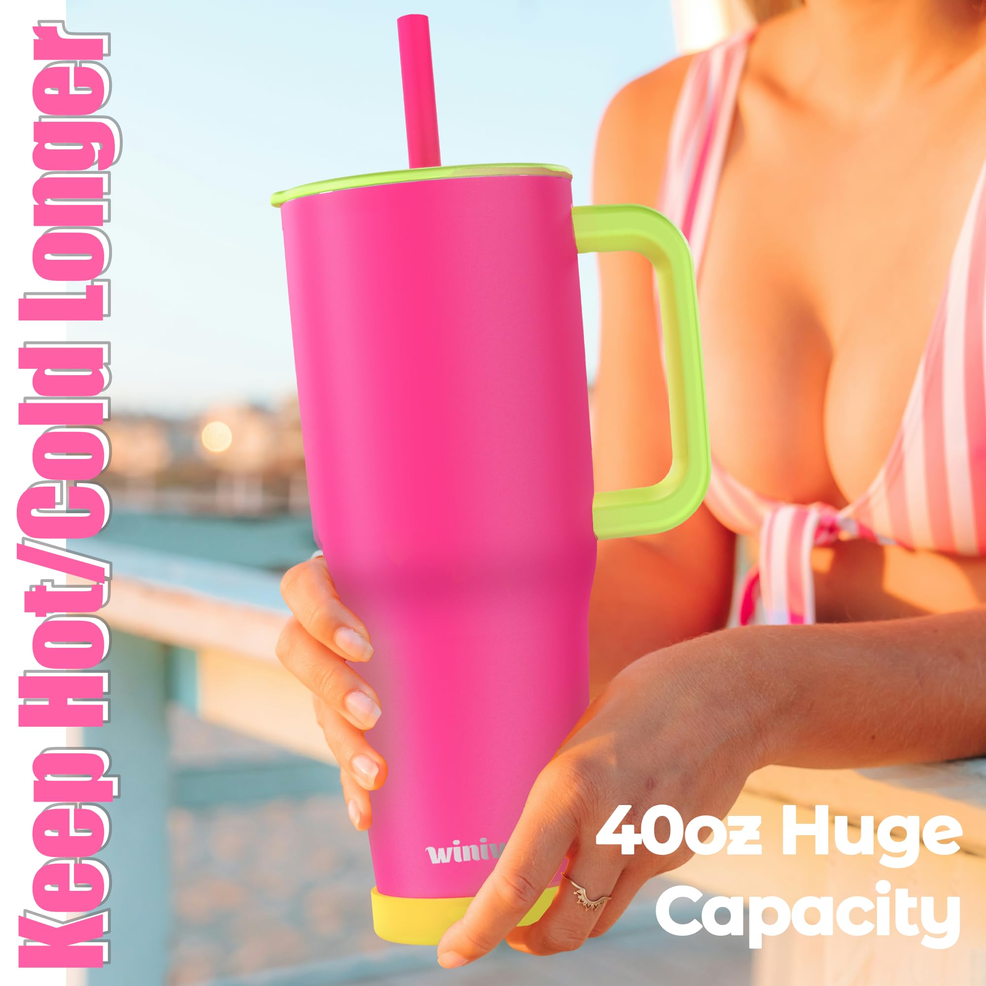 winiwo 40 oz Tumbler with Handle and Straw for Her, Flexible Straw, Insulated Tumbler Cups with Silicone Bottom, Keeps Beverages Cold Up to 24 Hours, Gym/Work/Travel/School/Gift(Ruby Red)