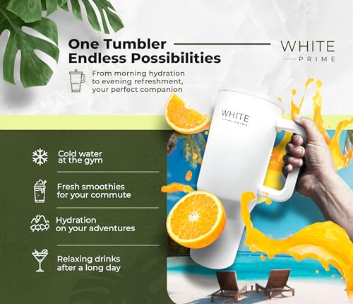 WHITE Prime 40 oz Tumbler | 100% Leak Proof | Simple Elegant Modern | Stainless Steel Double Wall Tumbler with handle | Reusable Water Bottle | Cupholder Friendly | Drinkware Flasks