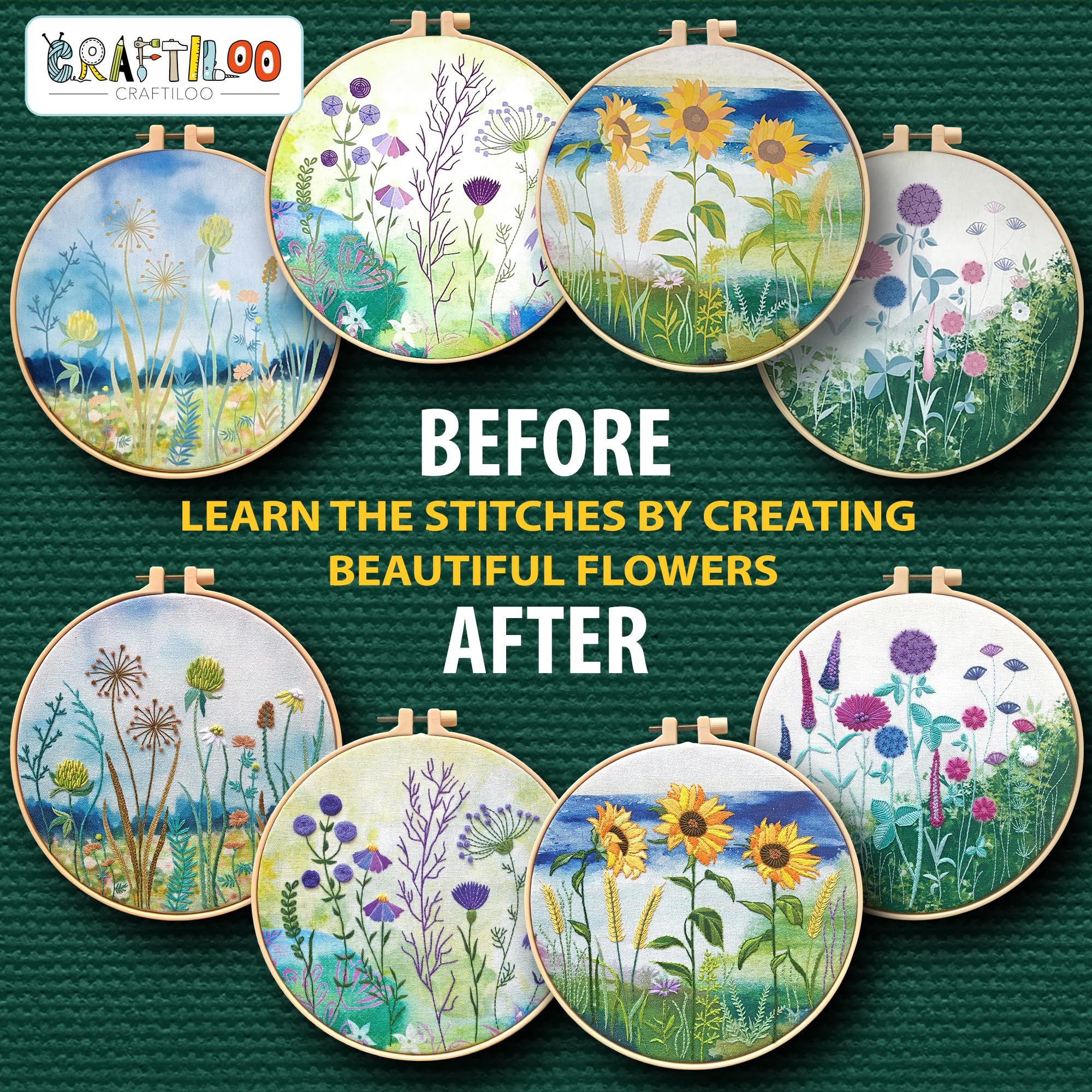CRAFTILOO Embroidery kit for Beginners Cross Stitch for Beginners Needlepoint Kits for Adults Embroidery Kits Beginner Embroidery kit for Adults 4 Flowers