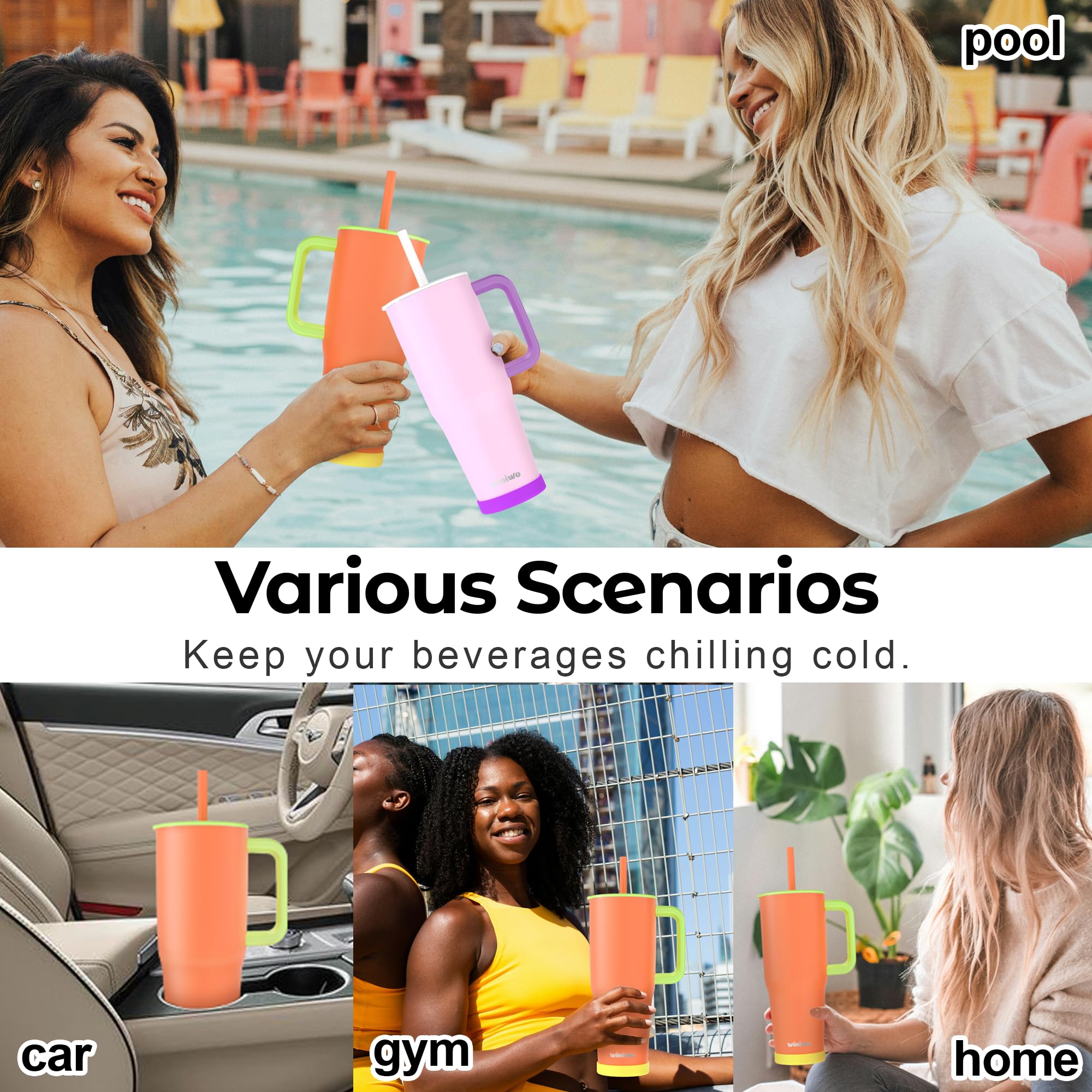 winiwo 40 oz Tumbler with Handle and Straw for Her, Flexible Straw, Insulated Tumbler Cups with Silicone Bottom, Keeps Beverages Cold Up to 24 Hours, Gym/Work/Travel/School/Gift(Lemon Yellow)