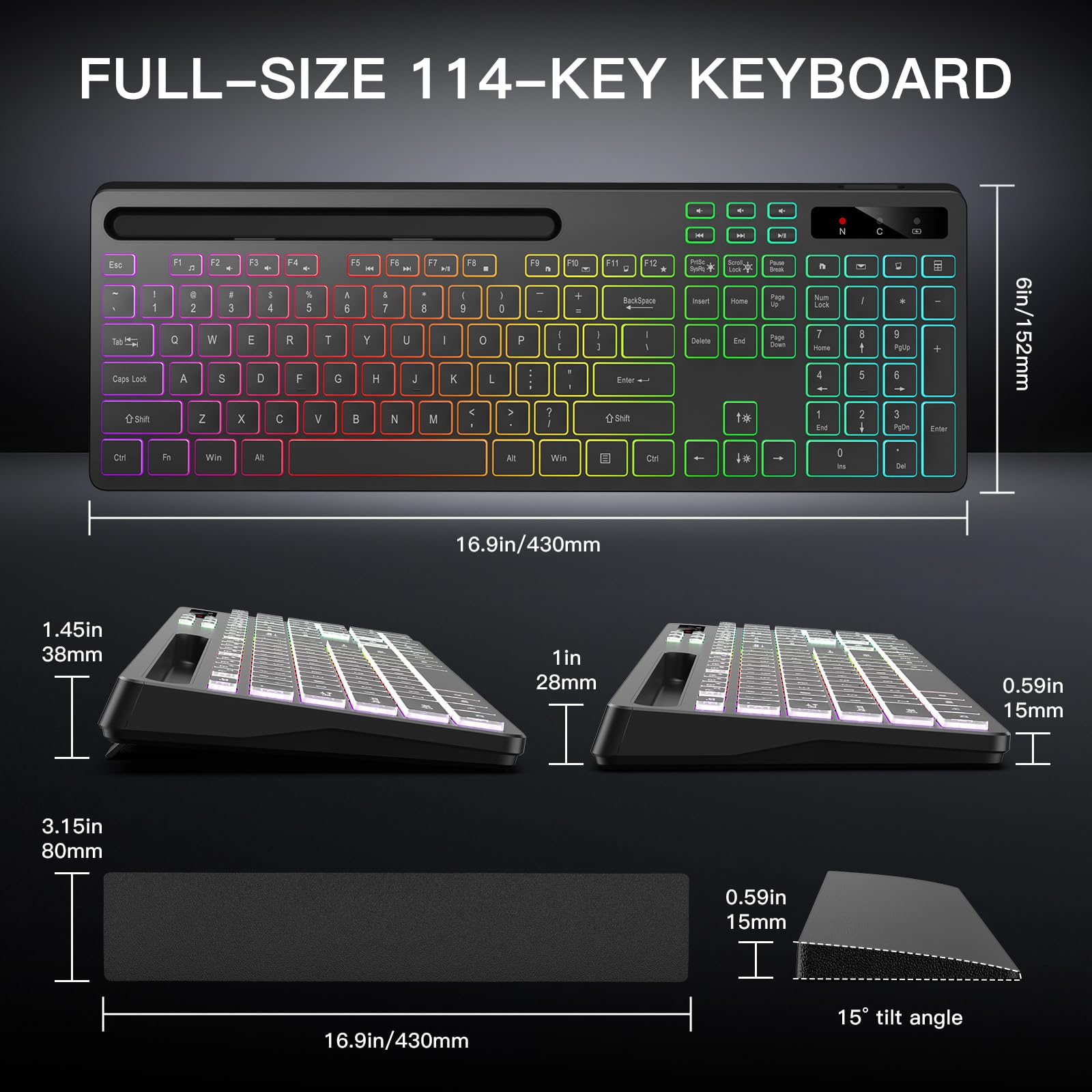 Soueto Wireless Keyboard with 7 Colors & 4 Modes RGB Backlit, Ergonomic Keyboard with Wrist Rest, Phone Tablet Holder, 2.4G Light Up Computer Keyboard with Numeric Keypad for Mac, Windows