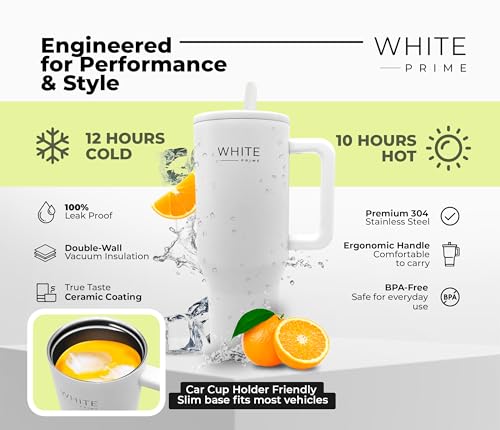 WHITE Prime 40 oz Tumbler | 100% Leak Proof | Simple Elegant Modern | Stainless Steel Double Wall Tumbler with handle | Reusable Water Bottle | Cupholder Friendly | Drinkware Flasks