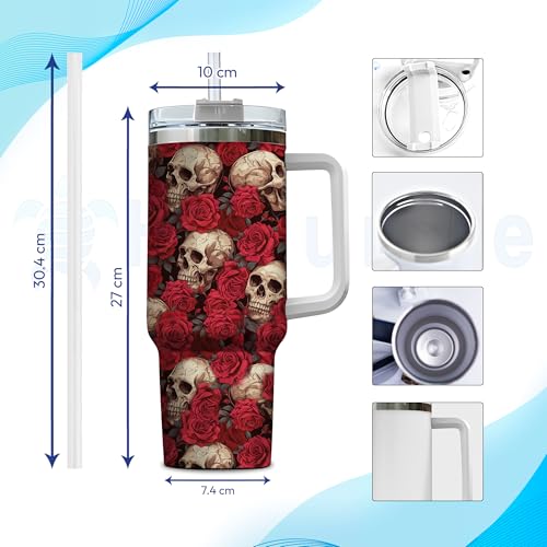 Hyturtle Personalized Gothic Skull Tumbler - Sunflower Gifts For Skeleton Lover - Horror Lover Gift - Gift For Women On Halloween - Skull Lover Gift - Custom Travel Coffee Cup 40oz With Lid And Straw