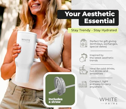 WHITE Prime 40 oz Tumbler | 100% Leak Proof | Simple Elegant Modern | Stainless Steel Double Wall Tumbler with handle | Reusable Water Bottle | Cupholder Friendly | Drinkware Flasks