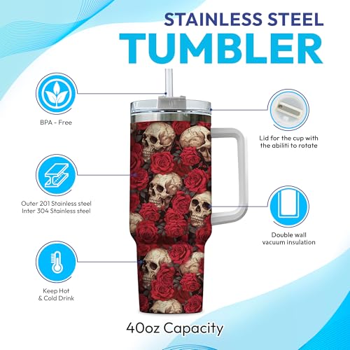 Hyturtle Personalized Gothic Skull Tumbler - Sunflower Gifts For Skeleton Lover - Horror Lover Gift - Gift For Women On Halloween - Skull Lover Gift - Custom Travel Coffee Cup 40oz With Lid And Straw