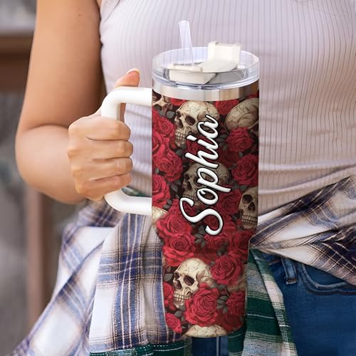 Hyturtle Personalized Gothic Skull Tumbler - Sunflower Gifts For Skeleton Lover - Horror Lover Gift - Gift For Women On Halloween - Skull Lover Gift - Custom Travel Coffee Cup 40oz With Lid And Straw