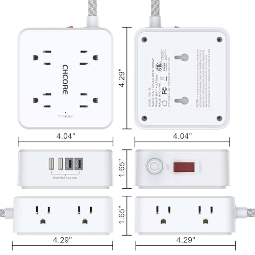 Surge Protector Power Strip - CHCORE 5Ft Braided Extension Cord with 8 Outlets with 4 USB (2 USB C) Charging Ports, Flat Plug Multi Plug Outlet Extender Charging Station for Home Office, ETL, White