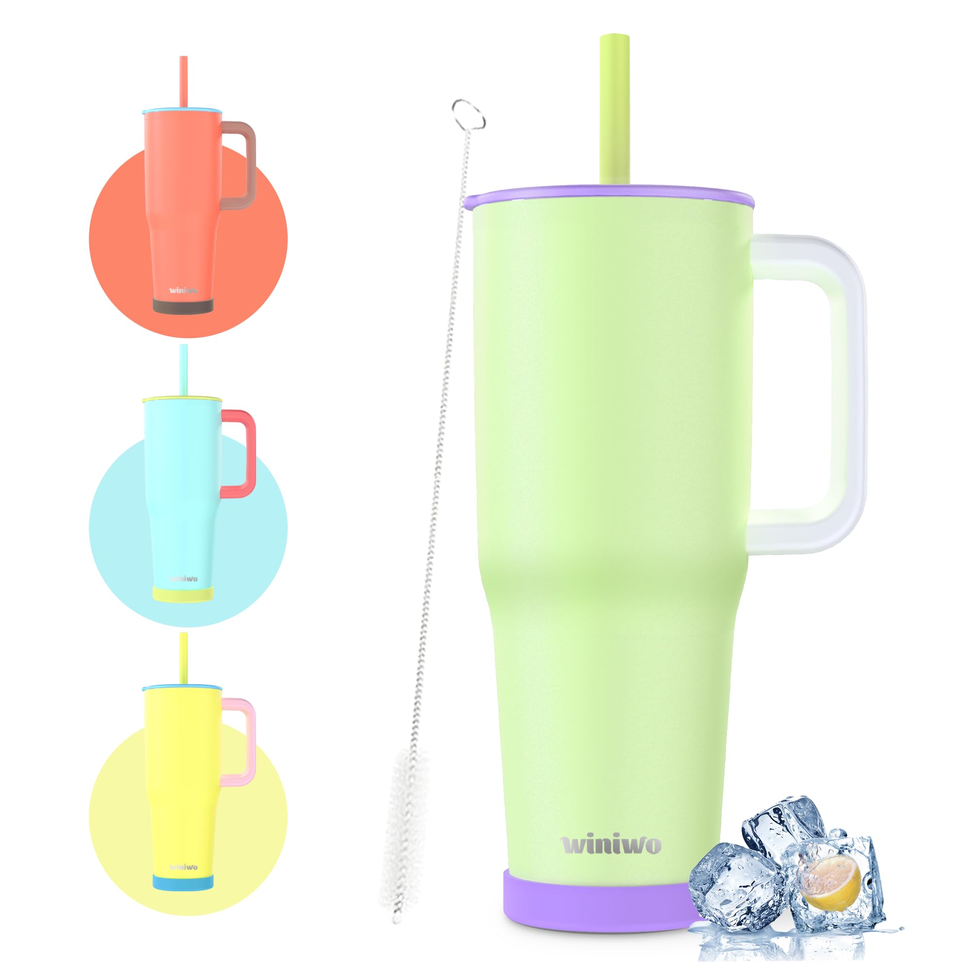 winiwo 40 oz Tumbler with Handle and Straw for Her, Flexible Straw, Insulated Tumbler Cups with Silicone Bottom, Keeps Beverages Cold Up to 24 Hours, Gym/Work/Travel/School/Gift(Bud Green)