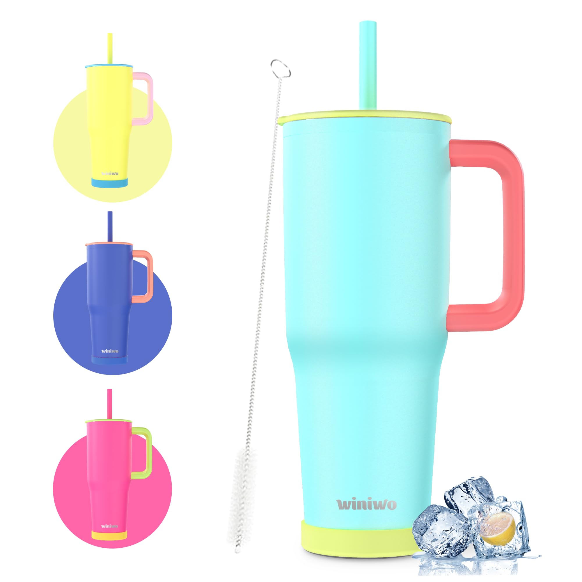 winiwo 40 oz Tumbler with Handle and Straw for Her, Flexible Straw, Insulated Tumbler Cups with Silicone Bottom, Keeps Beverages Cold Up to 24 Hours, Gym/Work/Travel/School/Gift（Elegant Blue）
