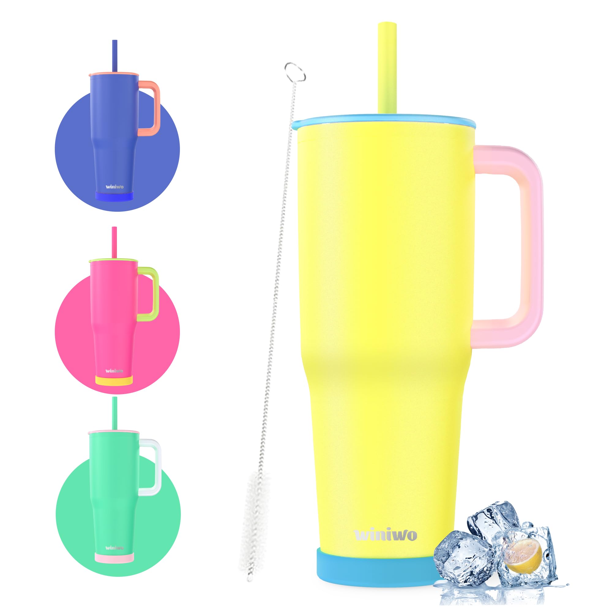 winiwo 40 oz Tumbler with Handle and Straw for Her, Flexible Straw, Insulated Tumbler Cups with Silicone Bottom, Keeps Beverages Cold Up to 24 Hours, Gym/Work/Travel/School/Gift（Lemon Yellow）