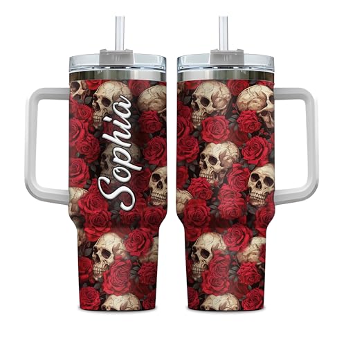 Hyturtle Personalized Gothic Skull Tumbler - Sunflower Gifts For Skeleton Lover - Horror Lover Gift - Gift For Women On Halloween - Skull Lover Gift - Custom Travel Coffee Cup 40oz With Lid And Straw