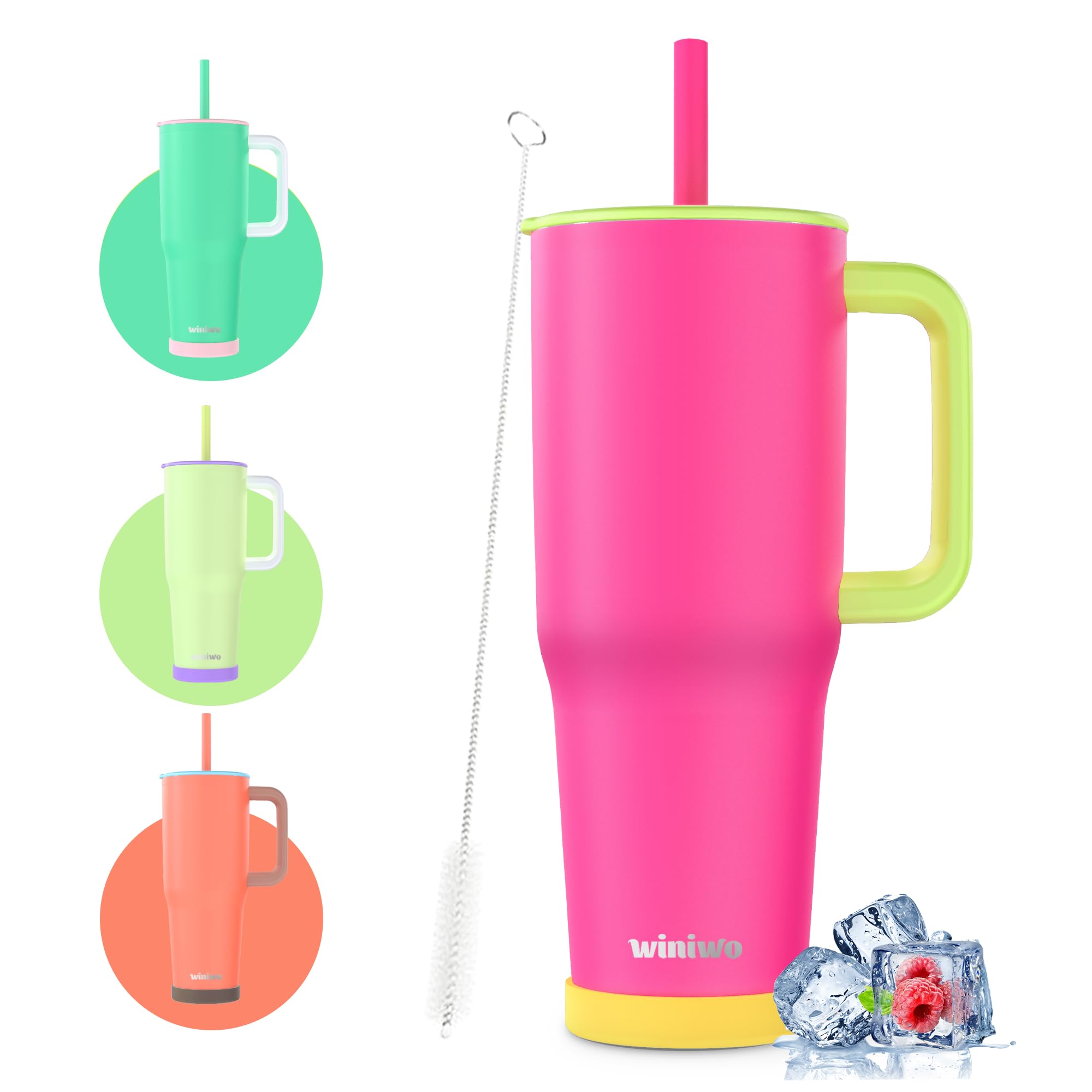winiwo 40 oz Tumbler with Handle and Straw for Her, Flexible Straw, Insulated Tumbler Cups with Silicone Bottom, Keeps Beverages Cold Up to 24 Hours, Gym/Work/Travel/School/Gift(Ruby Red)