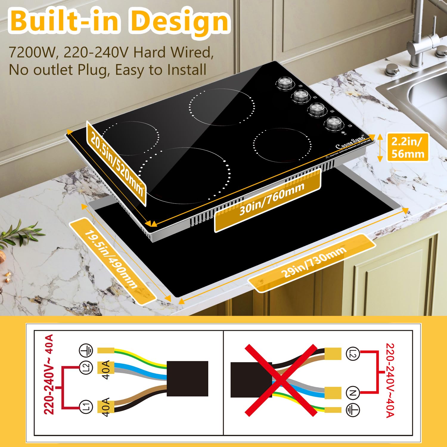 Cusinesync 30 Inch Electric Cooktop, 4 Burner Built-in Electric Stove Top with 9 Power Levels, Knob Control, Auto shutdown and Residual Heat Warning, 7200W, 220-240V for Hard Wire