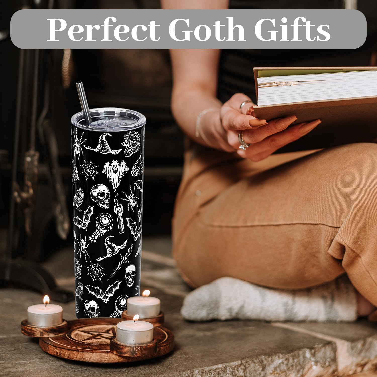 Black Goth Tumbler 20 Oz, Witch Goth Halloween Gifts for Women, Witchy Gothic Halloween Tumbler Coffee Mug Cup Water Bottle Drinking Cup for Cold or Hot Drinks, Halloween Goth Stuff Accessories Things
