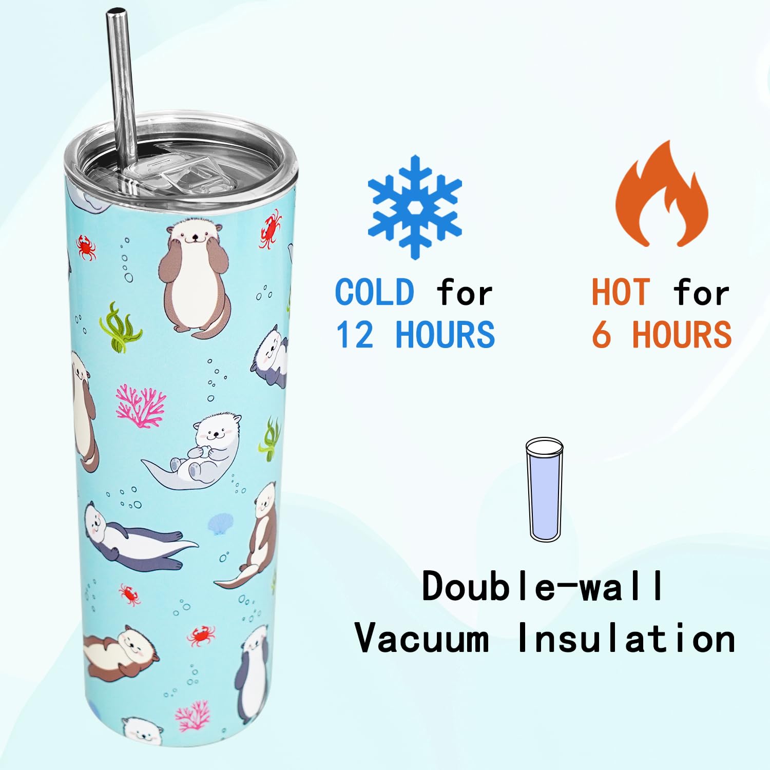 Sea Otter Tumbler - 20 Oz Blue Cute Otter Gifts for Women & Girls, Hot & Cold Drinks Accessory
