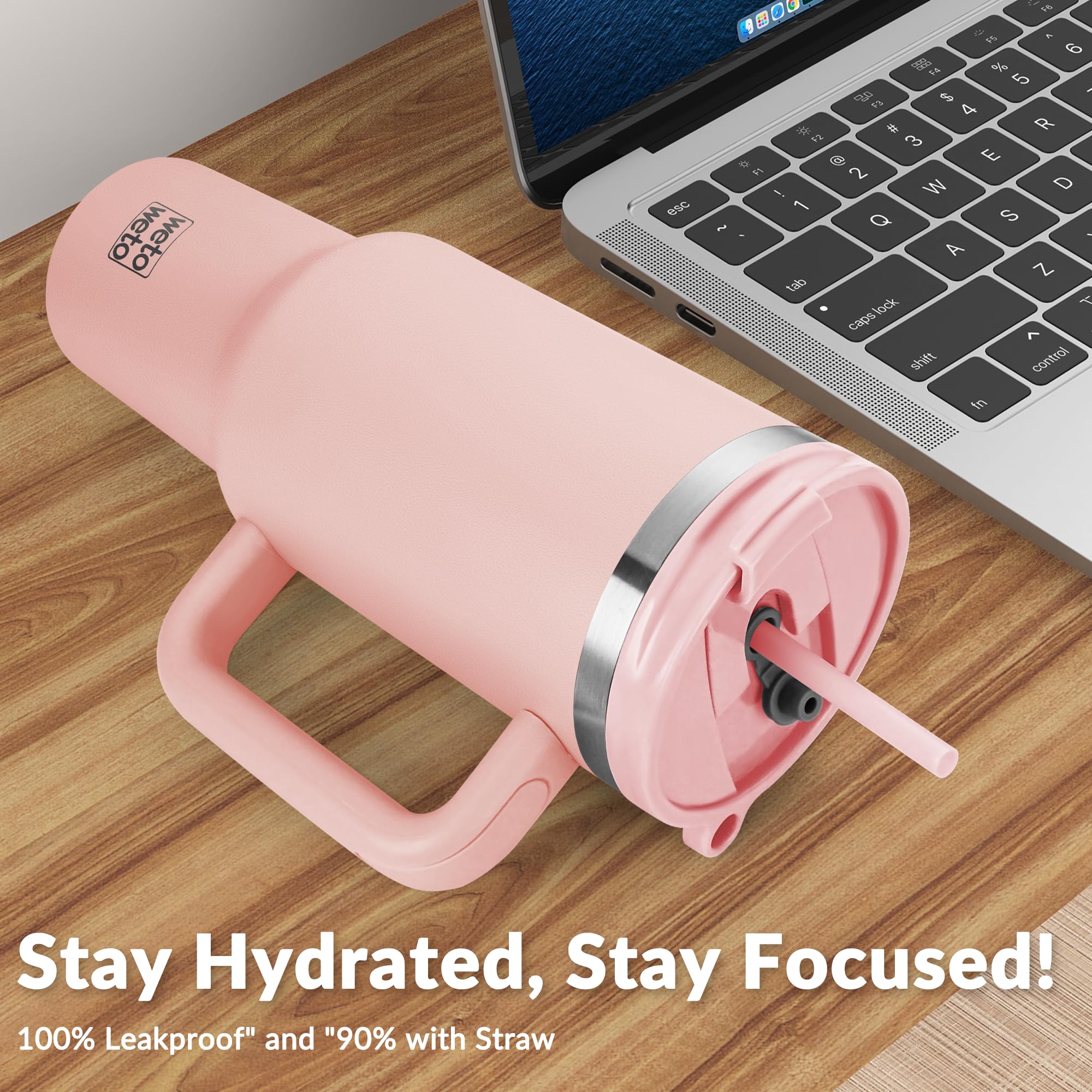 WETOWETO 40oz Tumbler with Handle and Lid | 100% Leakproof Insulated Stainless Steel Travel Mug | Keeps Cold 34Hrs/Hot 10Hrs | Dishwasher Safe, Fits Car Cup Holder (Blush Color)