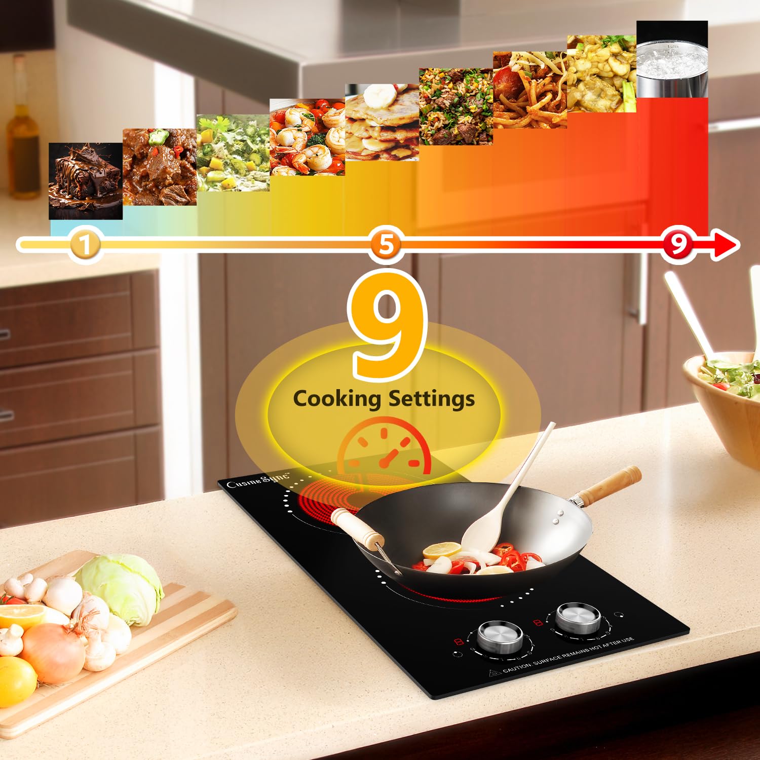 Cusinesync 12 Inch Electric Cooktop, 2 Burner Electric Stove Top with 9 Power Levels, Knob Control, Auto shutdown and Residual Heat Warning, 2000W, Ideal for Countertop & Built-In Use (110-120V)