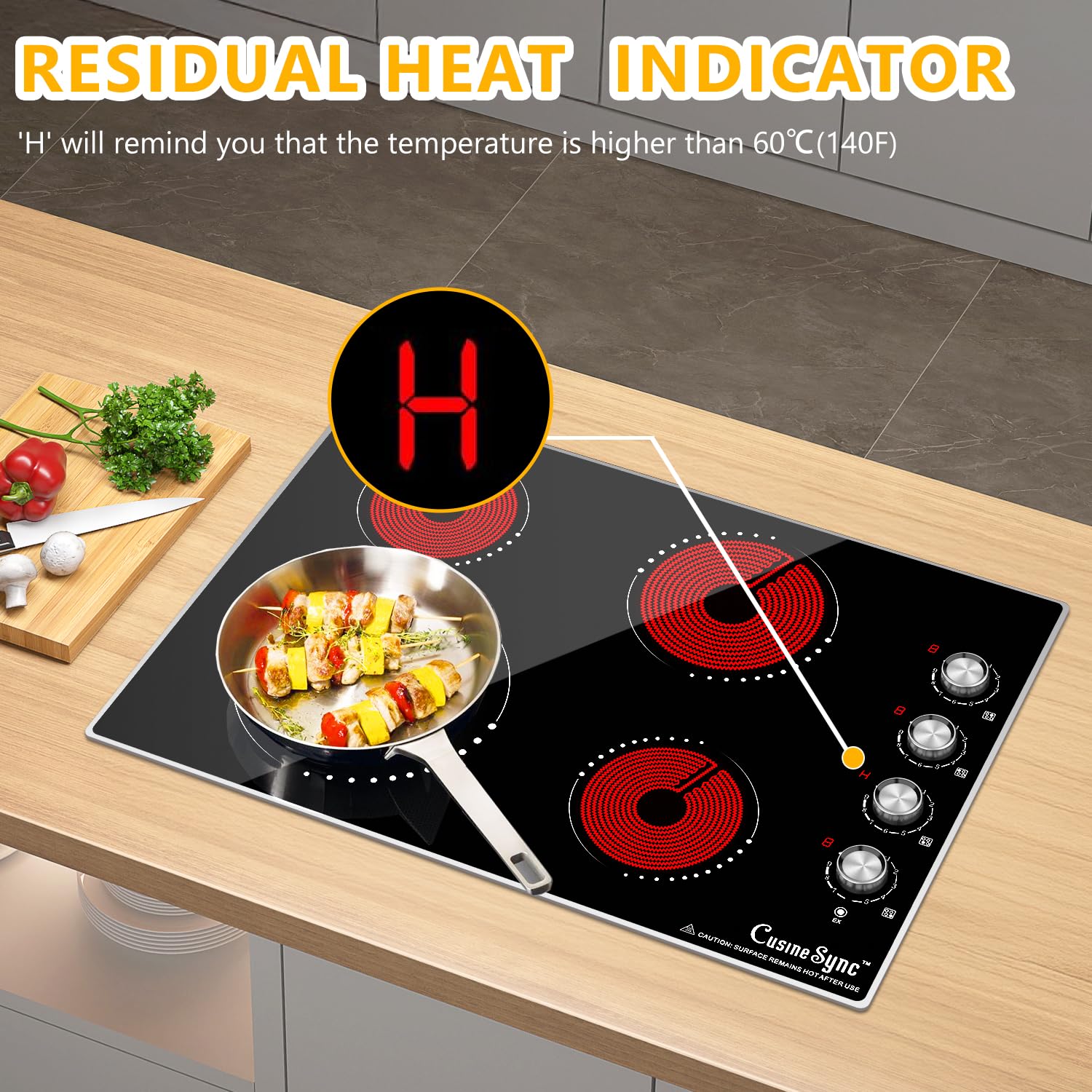 Cusinesync 30 Inch Electric Cooktop, 4 Burner Built-in Electric Stove Top with 9 Power Levels, Knob Control, Auto shutdown and Residual Heat Warning, 7200W, 220-240V for Hard Wire