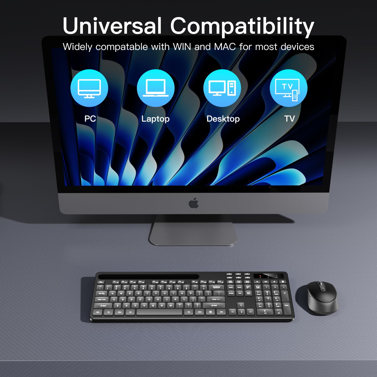 Wireless Keyboard and Mouse Combo, Soueto 2.4G Full-Sized Computer Keyboard with Phone Tablet Holder, 22 Multimedia Shortcuts, Numeric Keypad, 6 Button Silent Mouse for Windows, Mac (Space Black)