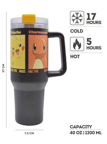 Pokemon 40oz (1200ml) Insulated Tumbler Stainless Steel Cup with Straw and Handle for Water, Iced Tea, Coffee or Smoothie