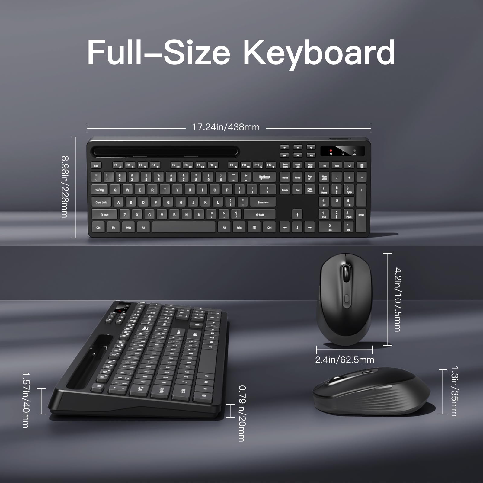 Wireless Keyboard and Mouse Combo, Soueto 2.4G Full-Sized Computer Keyboard with Phone Tablet Holder, 22 Multimedia Shortcuts, Numeric Keypad, 6 Button Silent Mouse for Windows, Mac (Space Black)